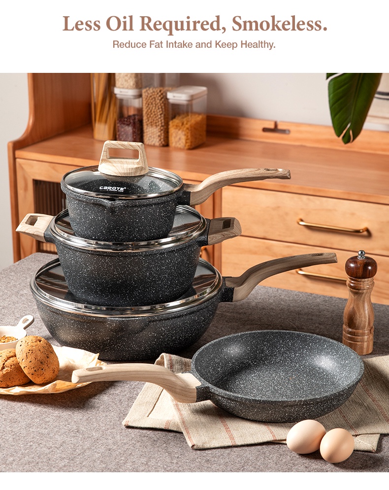 CAROTE Non Stick pan kitchen cookware set 7 pcs Kawali wok pot Die-Cast ...