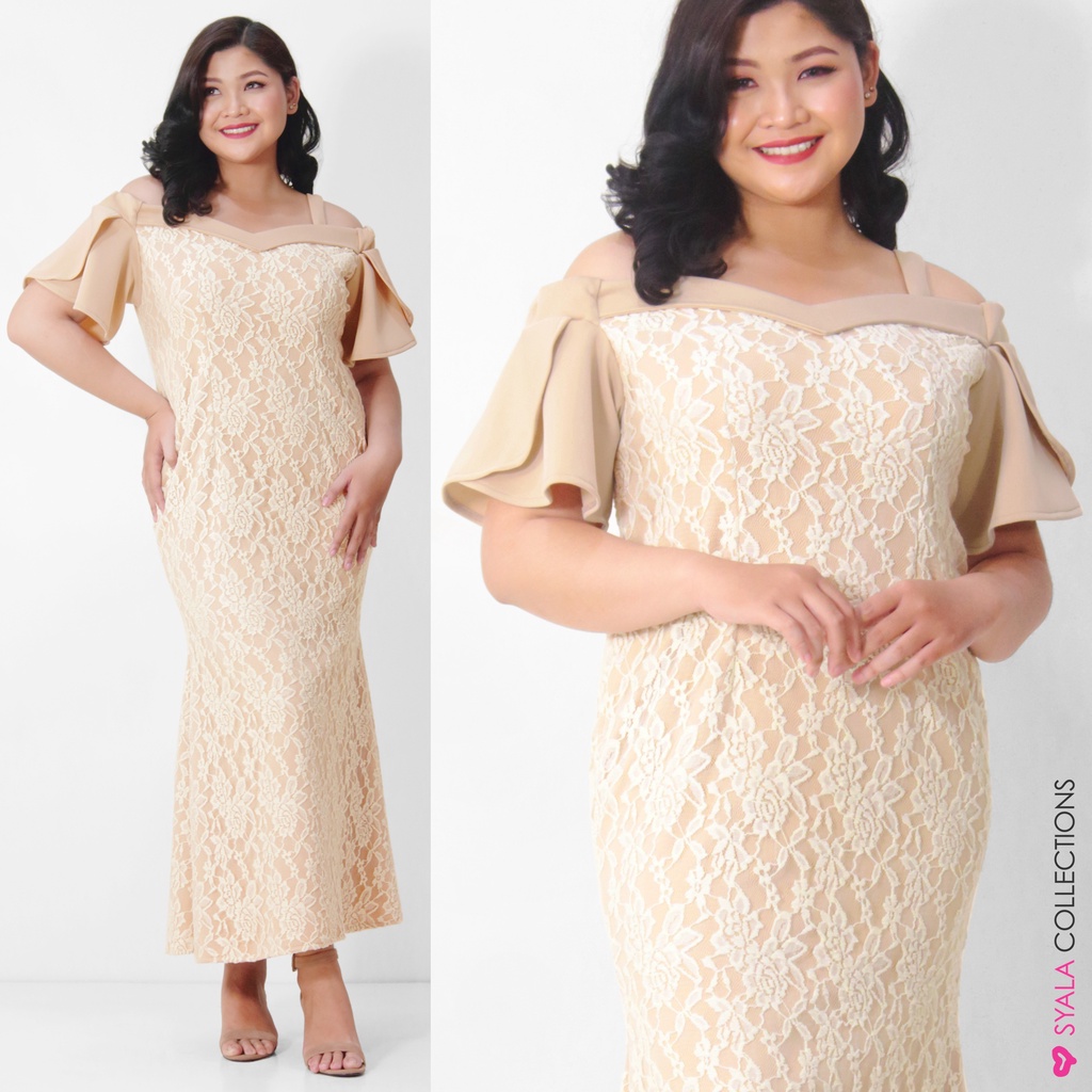 Sweetheart Neck Strapped Petal Sleeve Maxi Party Plus Wedding Beige ...