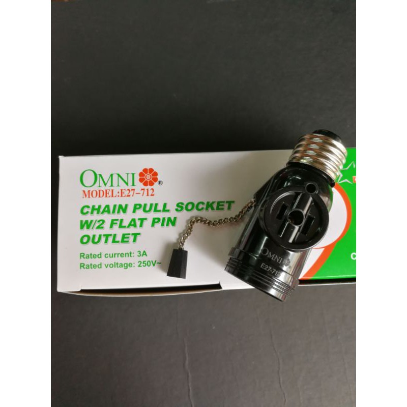 Omni Pull Chain / Chain Pull E-27 Socket w/ 2 Flat Pin Outlets E27-712 ...