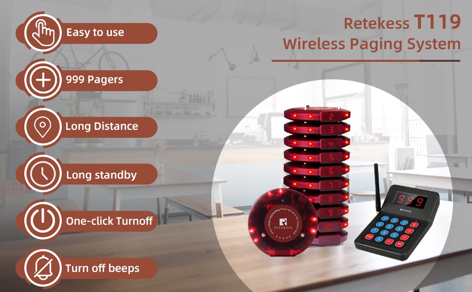 Retekess T119 Remote Wireless Calling System Pager with Mute Button for Food Court Clinic Church ...