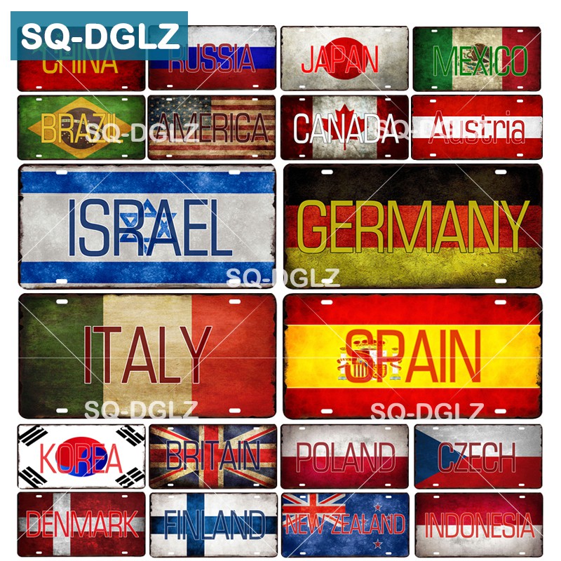 Country Flag+Name License Plate Bar Wall Decoration Tin Sign Vintage ...