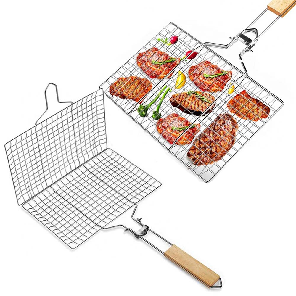 BBQ Grill Mesh Wire Stainless with Wood Handle ON HAND Long Rectangle ...