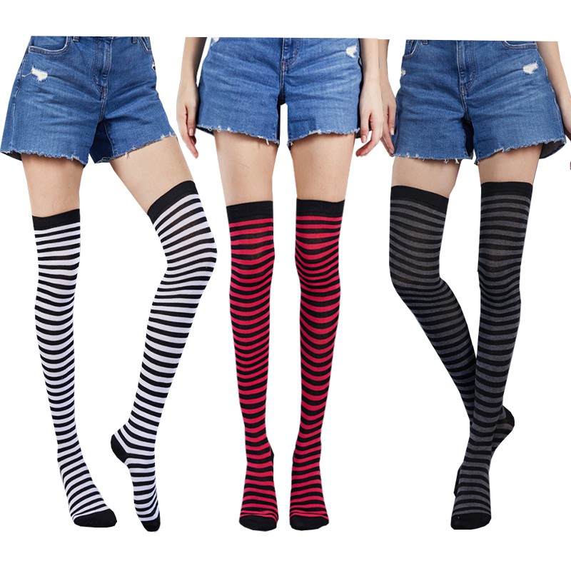 Womens Anime Cosplay Lolita Maid Pink Strip Kawaii Overknee Thigh High ...