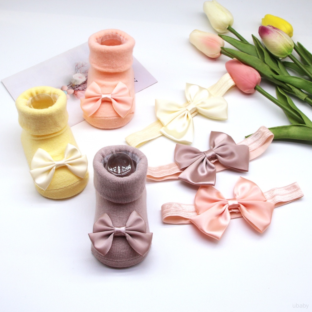 2 Pcs/ Set Baby Socks + Hairbands for Girls Cotton Mesh Floor Socks ...