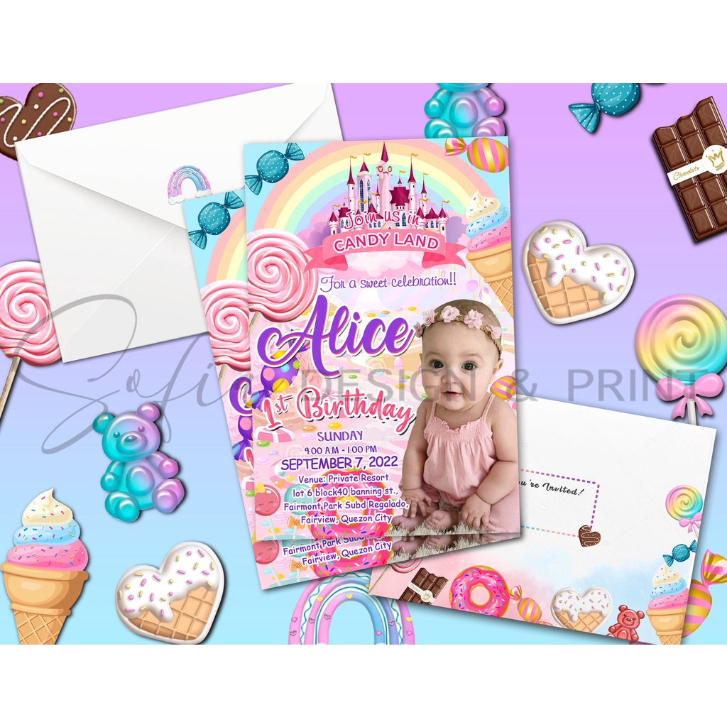 Candyland THEME INVITATION & Theme Printed Envelope FOR GIRLS Birthday ...