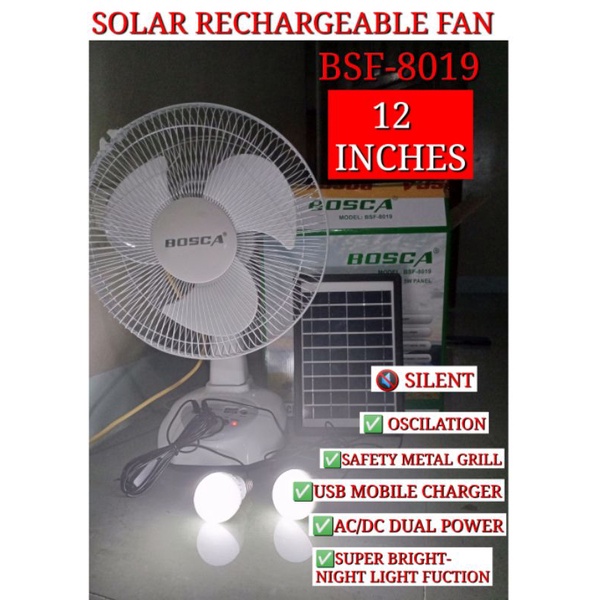 BOSCA SOLAR RECHARGEABLE STAND FAN WITH LED LIGHTS AND TWO LED BULBS ...
