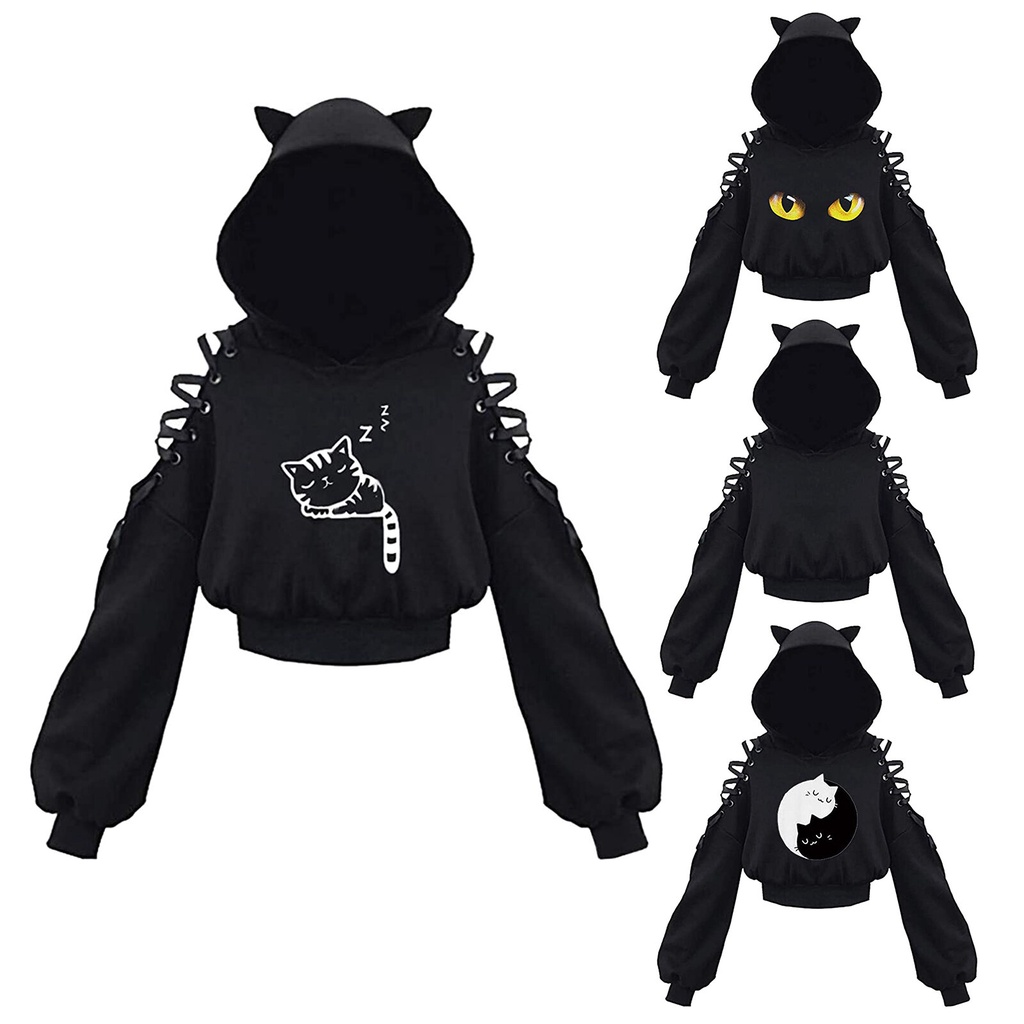 Womens Long Sleeve Cute Cat Ear Pullover Hoodie Crop Top Gothic Cold ...
