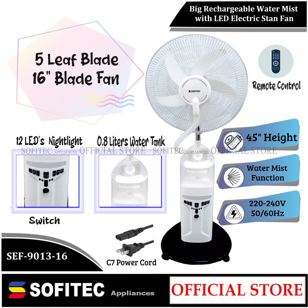 Sofitec Big Rechargeable Stand Fan Water Mist Fan Cooler 12 LEDs Night ...