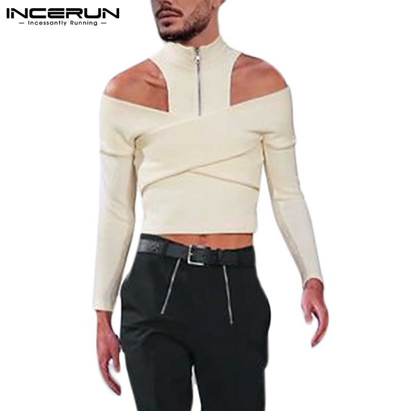 INCERUN Men's Fashion Design Off Shoulder Long Sleeve Solid Color Crop ...