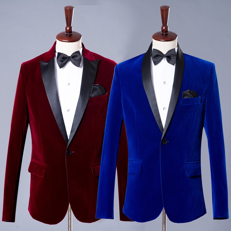 [Quality Ready Stock] Men's Suit Groom Wine Red Plain Velvet Royal Blue ...