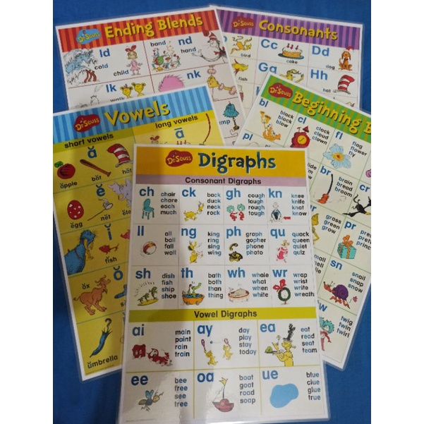 Laminated Educational Charts Vowels Ending Blends Digraphs Consonants