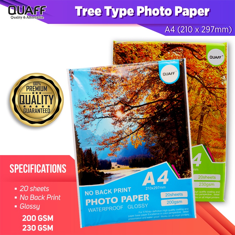 QUAFF No Back Print Photo Paper Glossy / Inkjet Photo Paper A4 200GSM / 230GSM (20 sheets / pack ...