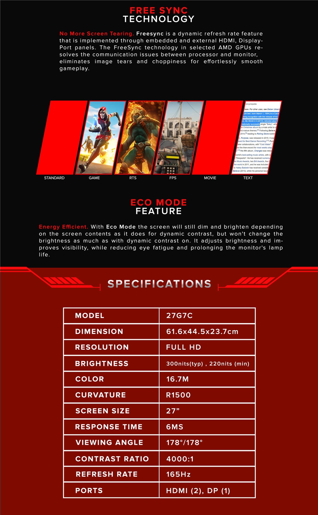 Avision 27inch 165Hz 1920x1080 16:9 (MPRT 1ms) Full HD Curved 1500R ...