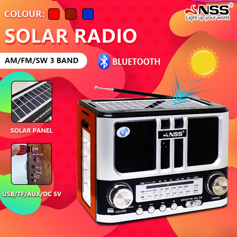 NSS Solar Radio AM/FM/SW with Bluetooth Function/LED Light/AUX Jack/AC ...
