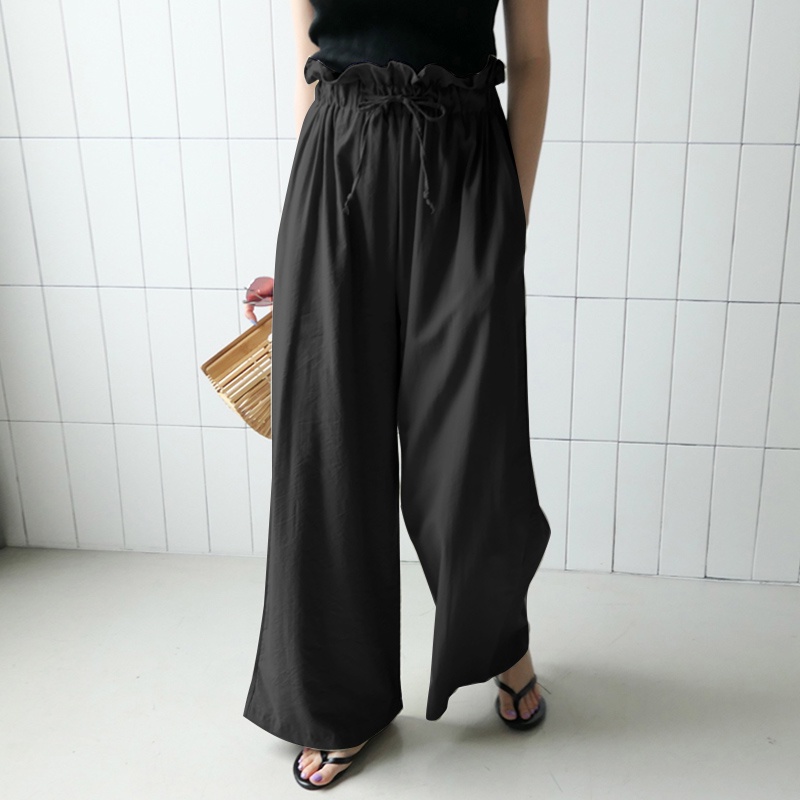 Celmia Women Wide Leg Pants Drawstring Elastic High Waist Cotton Casual ...