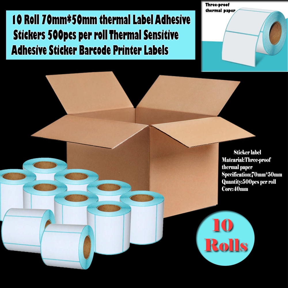 10 Rolls 70mm*50mm thermal Label Adhesive Stickers 500pcs per roll ...