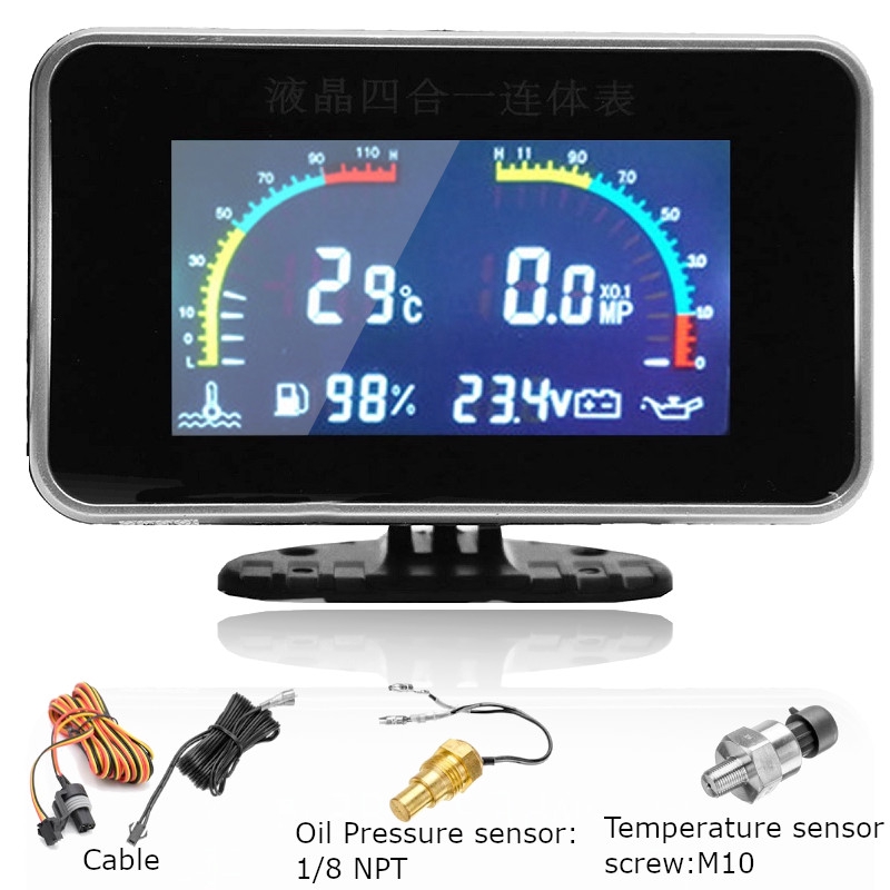 4 In 1 LCD Car Digital Alarm Gauge Pressure Voltmeter Volt Water ...