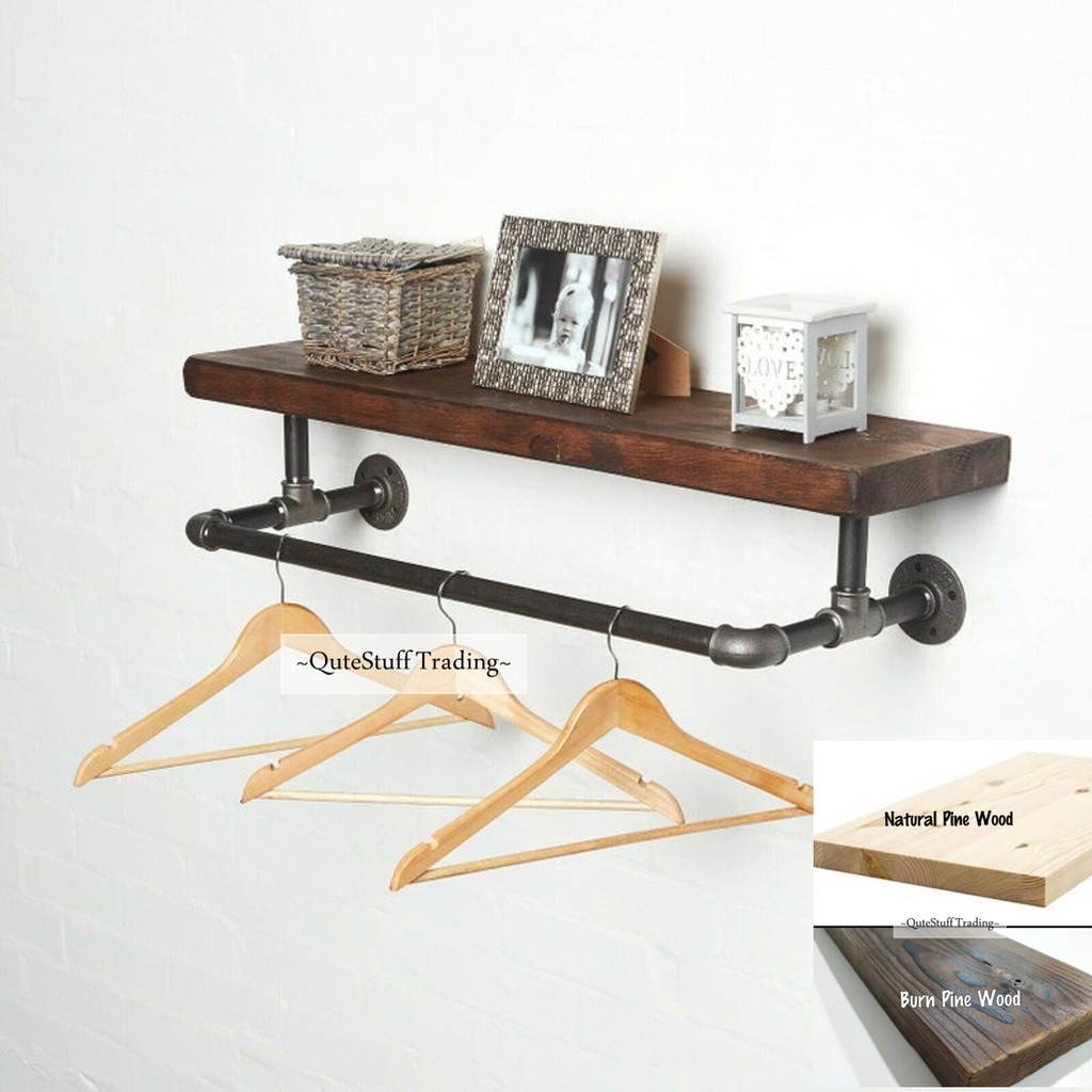 (Upgrade) Industrial Pipe Clothes Rack With Pine Wood , Wall Mounted ...