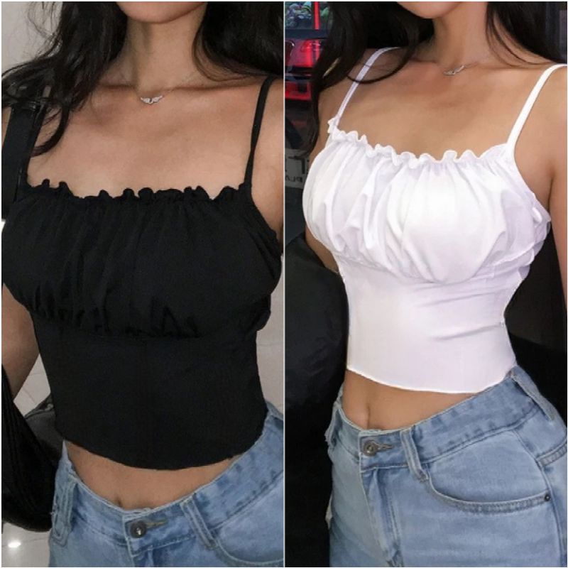 H&H #5770 S-M Princess Spag Strap Knitted Ruched Crop Top Trendy Sando ...
