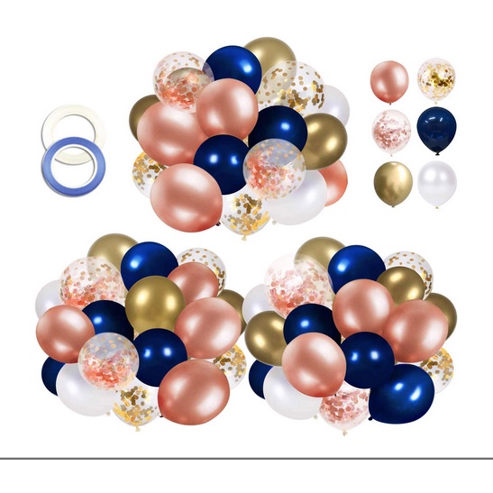 68 Pack Navy Blue Rose Gold Confetti Latex Balloons, 12 inch Birthday Balloons with 65 Feet ...