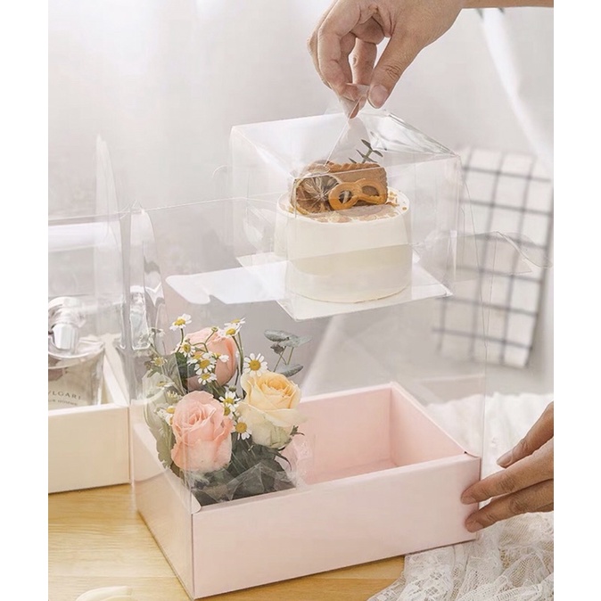 Flowers and cake box with inner transparent treat box in pink and red ...