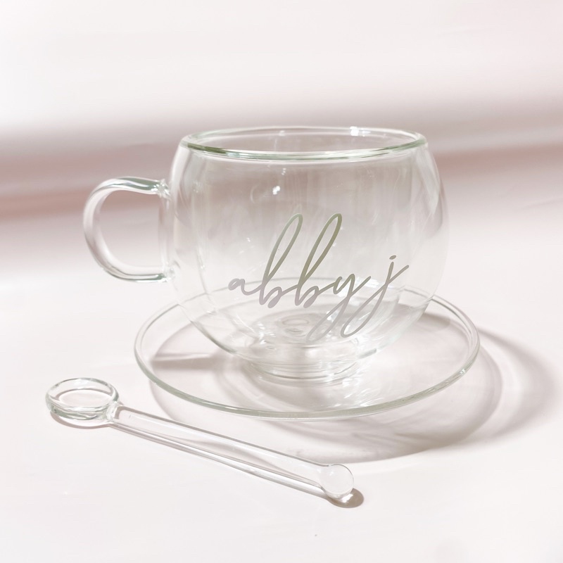 Personalized 300ml double walled coffee glass set with saucer plate and ...