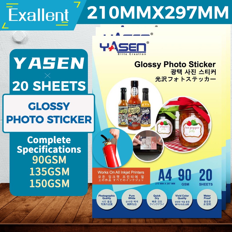 Yasen Glossy Photo Sticker Paper 90/135/150 gsm Inkjet Stcker A4 Size ...