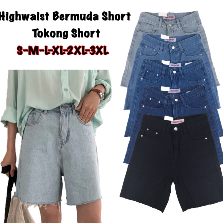 High waist Denim Bermuda Short Tokong Short Size:S-3XL | Shopee Philippines