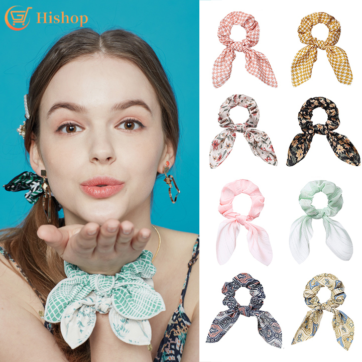 Korean Floral Ribbon Hair Tie Bowknot Lattice Flower Pattern Elastic ...