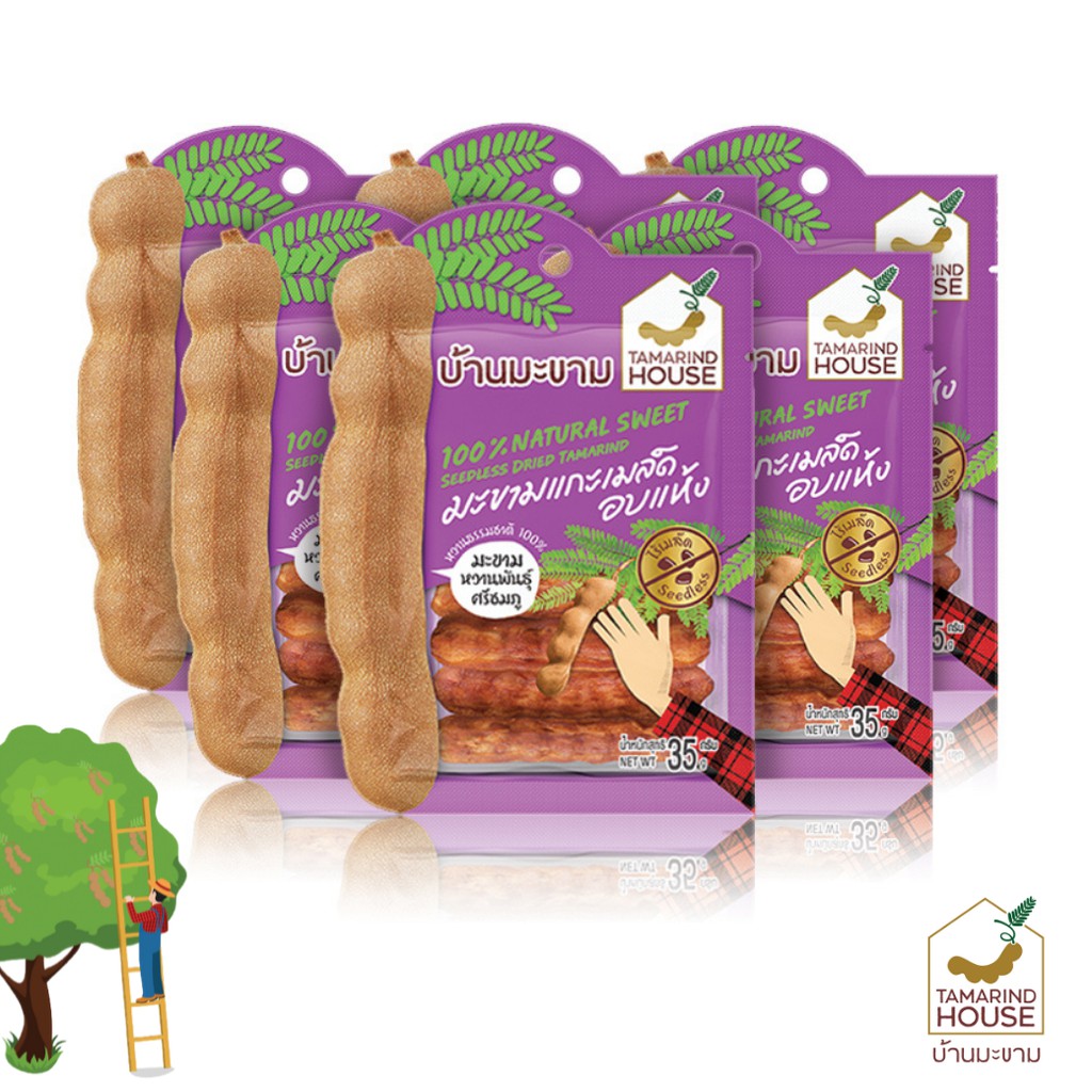 (Dried Tamarind Seeds 35 Grams Set Of 6 Bags Die-Cut Bag) Baan Makham Sweet Dried Seedless ...