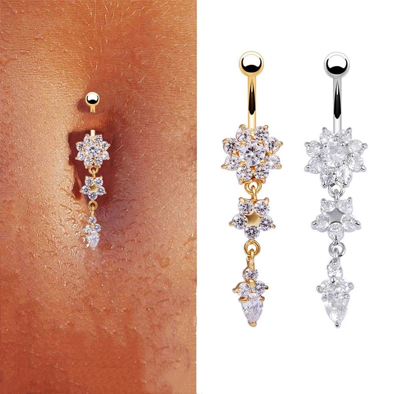 1Pc Shiny Flower Pendant Stainless Steel Zircon Belly Button Ring Sexy ...