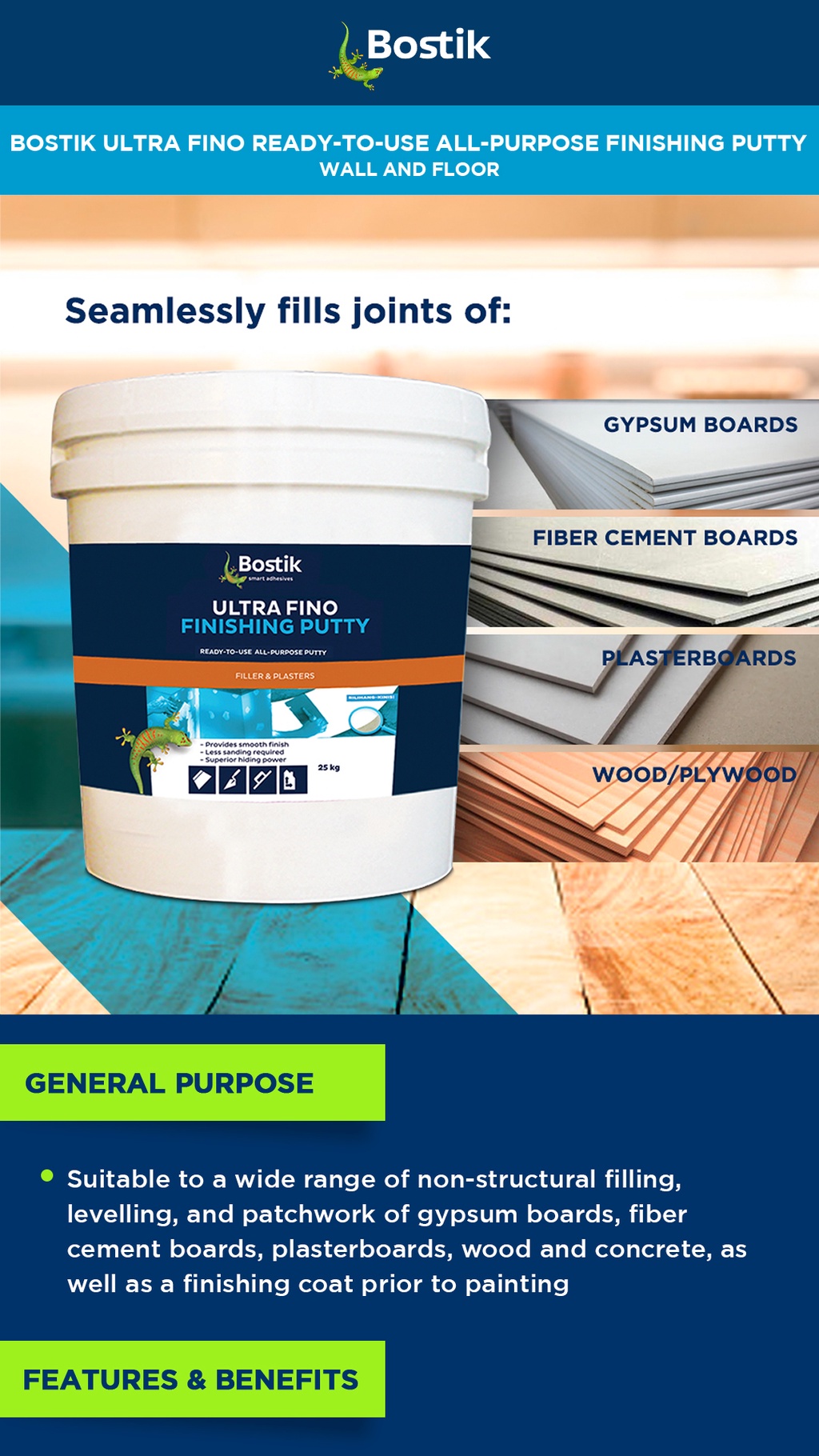 BOSTIK Ultrafino Finishing Putty, 5KG, White, Filling, Levelling ...