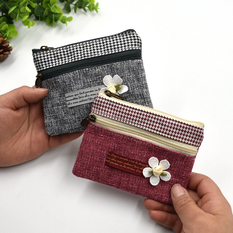 Cotton linen purse girl short canvas zipper zero Purse Mini fabric key ...