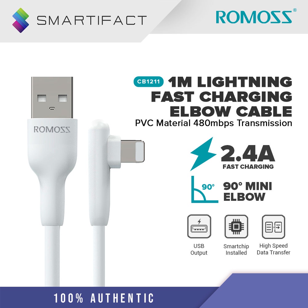 Romoss CB1211 1m 2.4A Elbow Design for iPh Data Charging Cable | Shopee ...