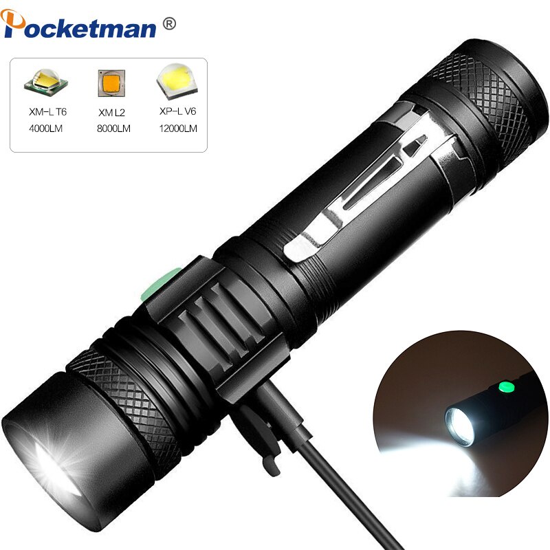 12000 Lums Ultra Bright LED Flashlight USB linterna led torch T6/L2/V6 lanterna Power Tips ...