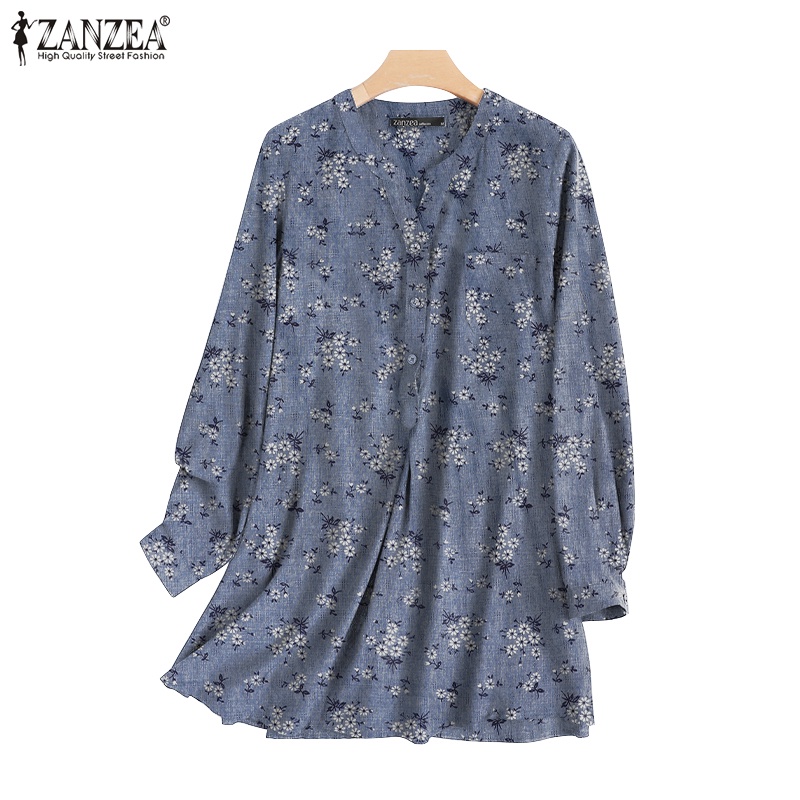 ZANZEA Women Plus Size Printing Pure Cotton V-Neck Long Sleeve Shirts ...