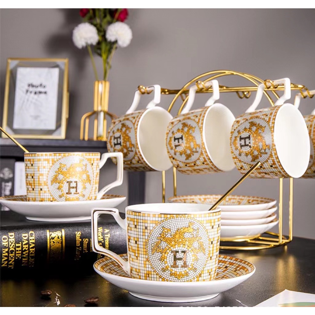 12 Pcs SET Bone China Coffee Cup Dish Set Small Luxury British ...