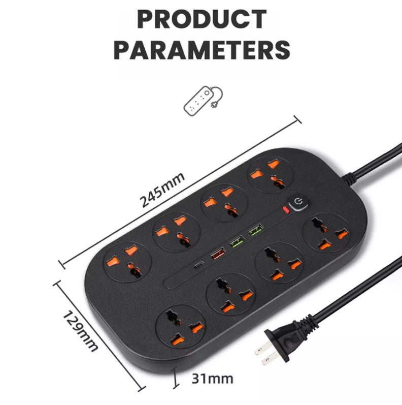 TB-22 8.4A Universal Power Socket Extension With Type-C Port, 8 AC ...