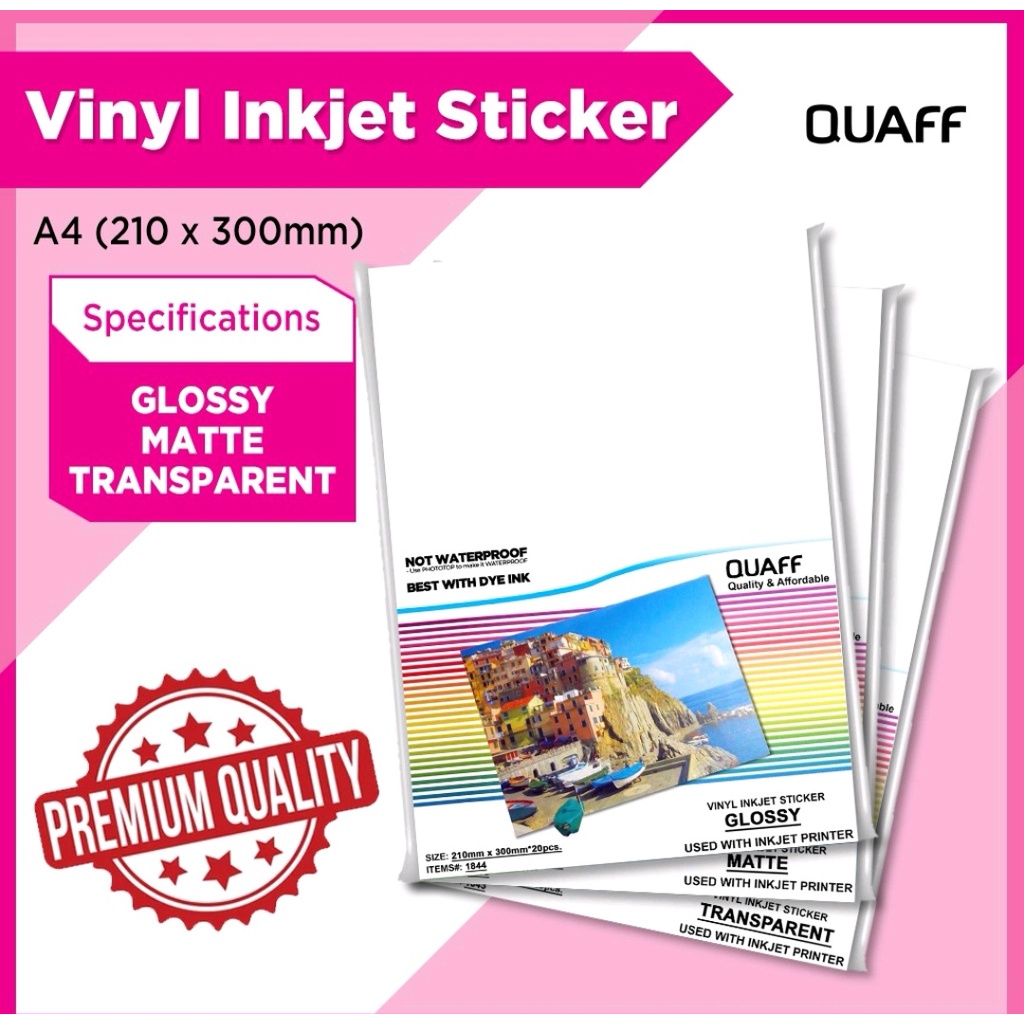 QUAFF Vinyl Inkjet Sticker A4 Size ( Glossy / Matte / Transparent ) 20 ...