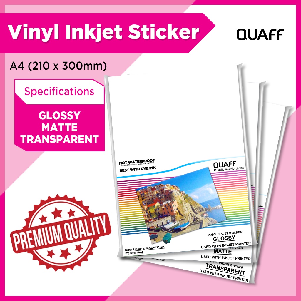QUAFF Vinyl Inkjet Sticker Transparent / Glossy / Matte (20 Sheets) A4 ...