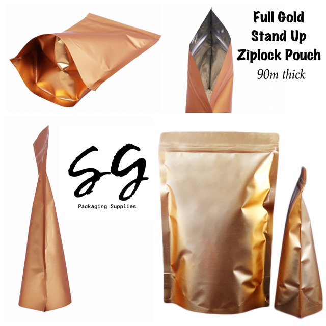 ziplock pouch 100pcs Gold Stand Up Ziplock Pouch (80m thick) | Shopee ...