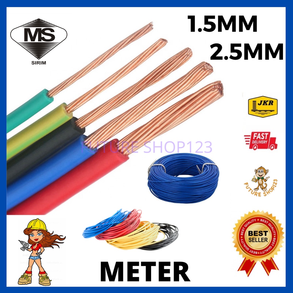 (Sirim)1.5mm/2.5MM 1 METER PVC WIRE CABLE SINGLE CORE 100% PURE COPPER ...