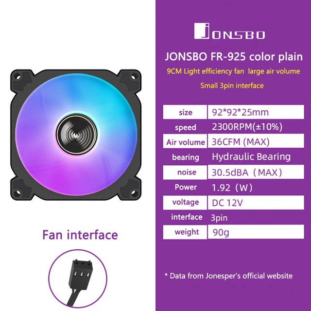 JONSBO FR-925 RGB 90mm Case cooling fan high wind volume light effect ...