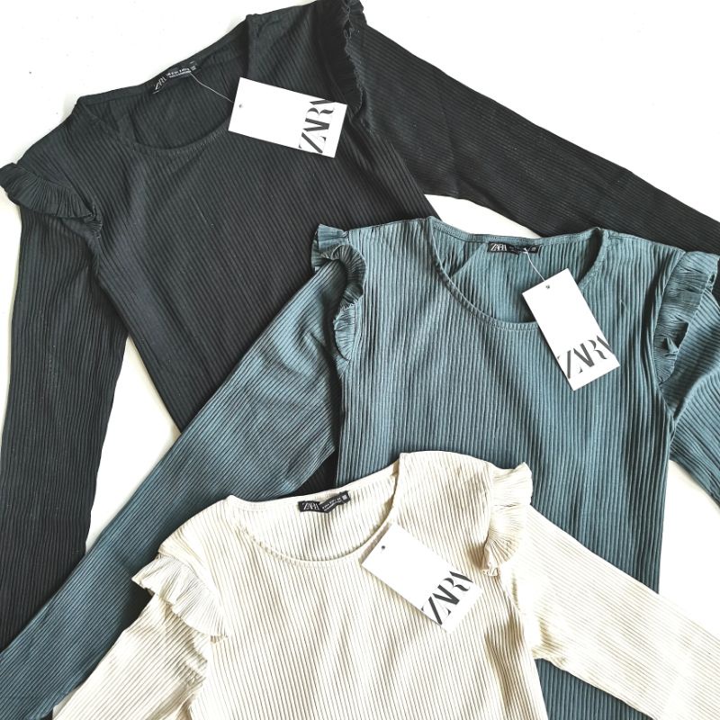 ZARA RIBBED RUFFLED LONGSLEEVES | Original Overrun | Shopee Philippines