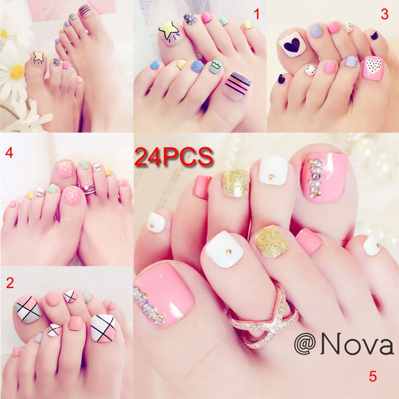 24 Pcs/Set 3D Toe With Glue Foot Full Toes Nail Art Tips | Shopee ...