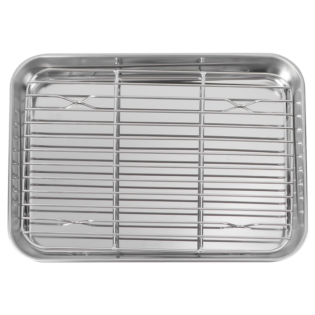 2 Pieces One Set Rectangular Baking Tray Draining Oil with Grid Rack ...
