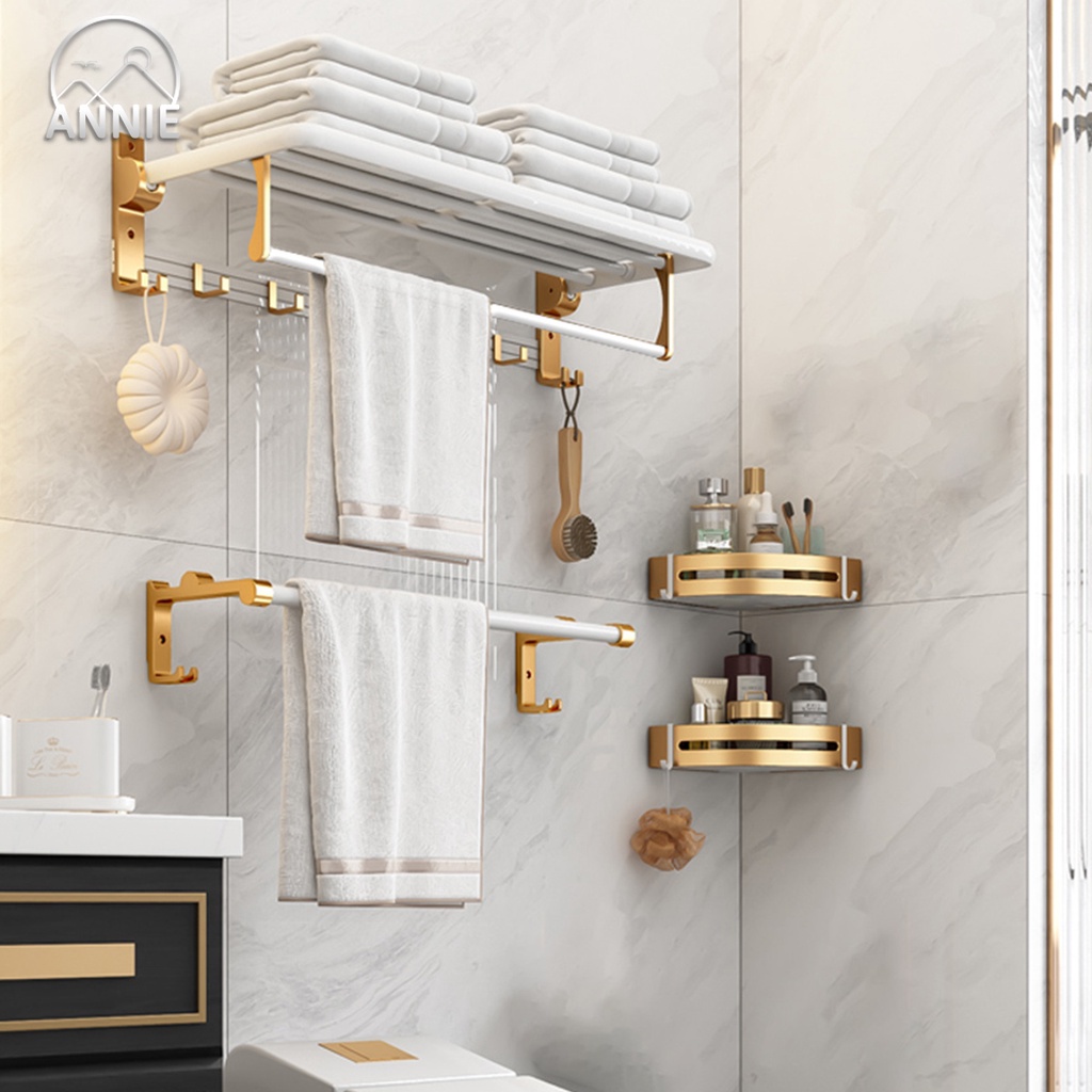ANNIE 60cm Foldable Free Punching White Gold Towel Rack Hanging Holder ...