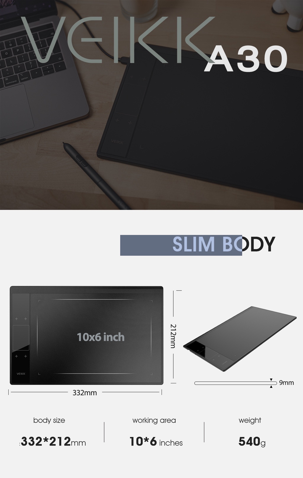 VEIKK A30 V2 Drawing Tablet 10*6 inch Pen Tablet with 8192 level ...