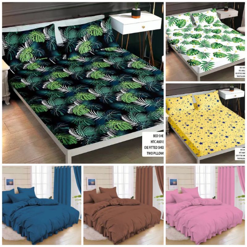 3 in 1 Cotton Fitted Bedsheet Set with Pillow Case Queen Size 150cm ...