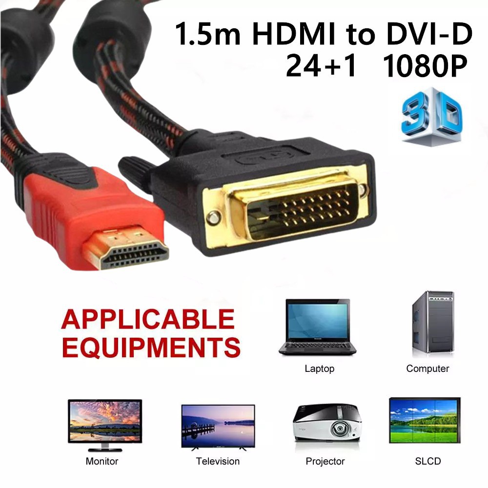 1.5m HDMI to DVI-D Video Monitor Cable DVI 24+1 Male Monitor TV PC ...